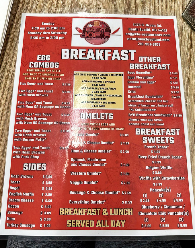 The menu tells the whole delicious story: omelets reign supreme, but don't sleep on those breakfast sweets. Decision paralysis has never been so delightful.