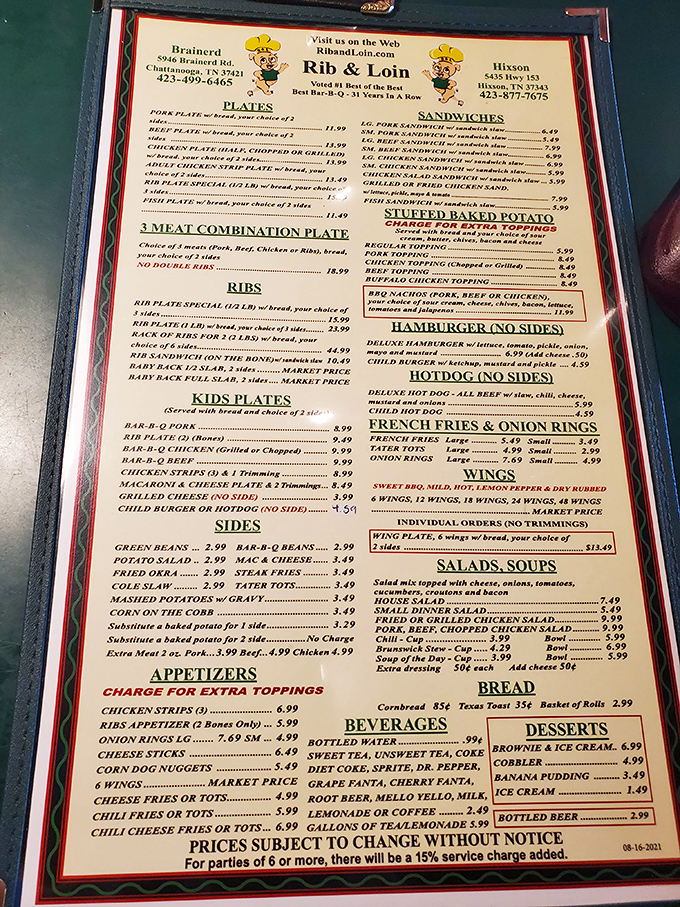 This menu isn't just a list&mdash;it's a roadmap to happiness. The extensive barbecue options might require a moment of silent contemplation before ordering.