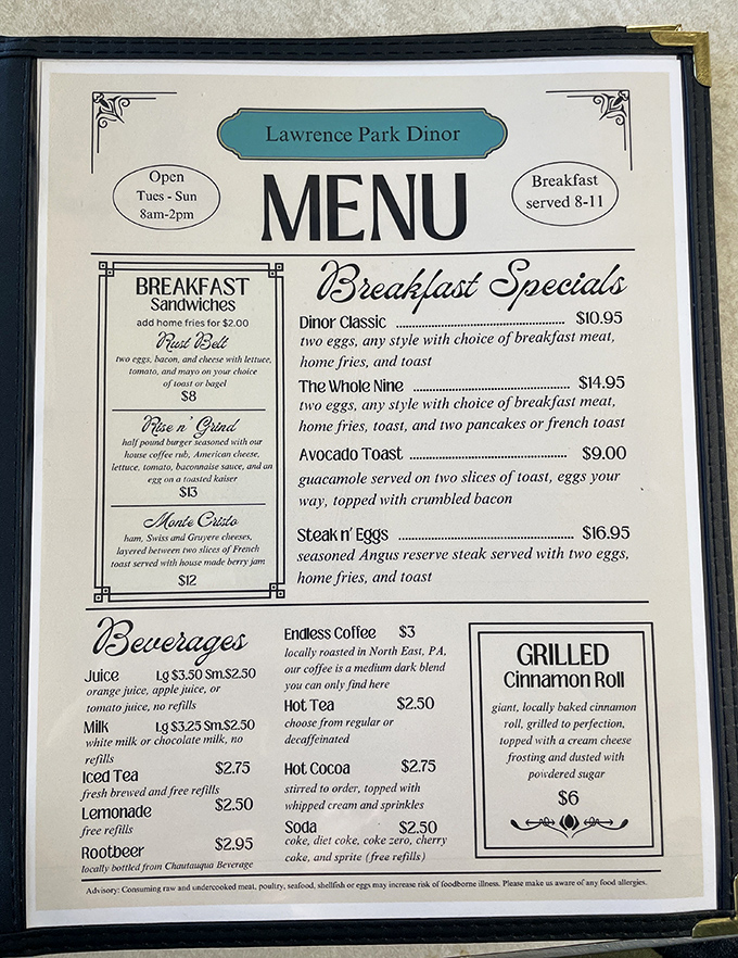 The menu tells the story: locally roasted coffee, classic breakfast combinations, and that grilled cinnamon roll that locals whisper about.