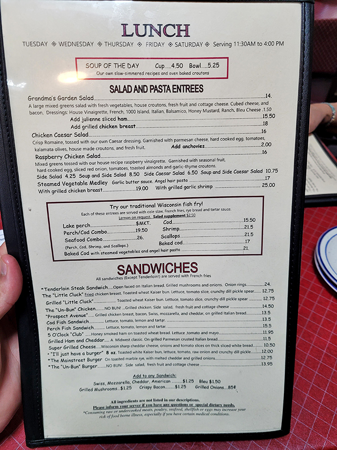 The menu reads like a love letter to Wisconsin supper club traditions&mdash;each item promising the kind of satisfaction that makes the drive worthwhile.