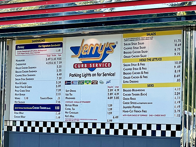 This menu board isn't just listing food; it's offering a passport to comfort. Note the "Parking Lights on for Service!" instruction&mdash;pure Americana.