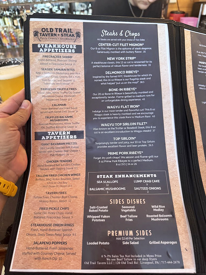 The menu reads like a love letter to carnivores, with each steak description promising a different path to beef nirvana.