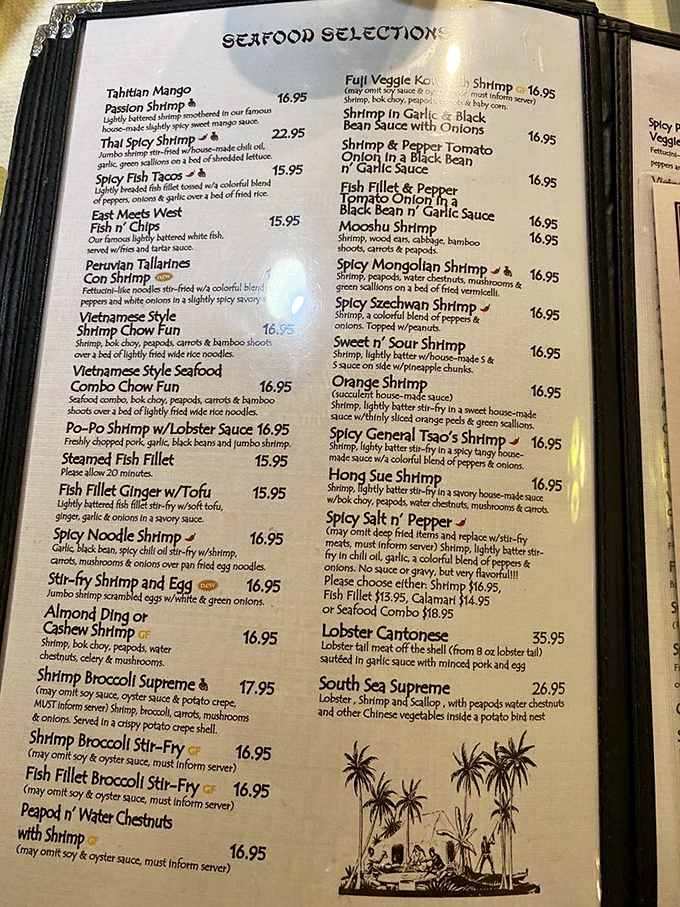 The menu at Chef Shangri-La reads like a delicious novel with too many protagonists. Good luck choosing just one dish from this seafood selection.