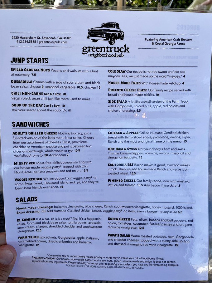 A menu that reads like a love letter to local ingredients. The "not too mayoey" coleslaw description says it all.