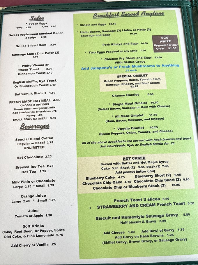 The menu reads like a love letter to American classics. Breakfast anytime? Now that's my kind of philosophy! 