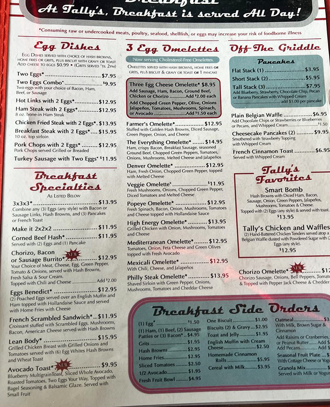 A menu that reads like a love letter to breakfast. When they say "served all day," it's not a policy&mdash;it's a philosophy.