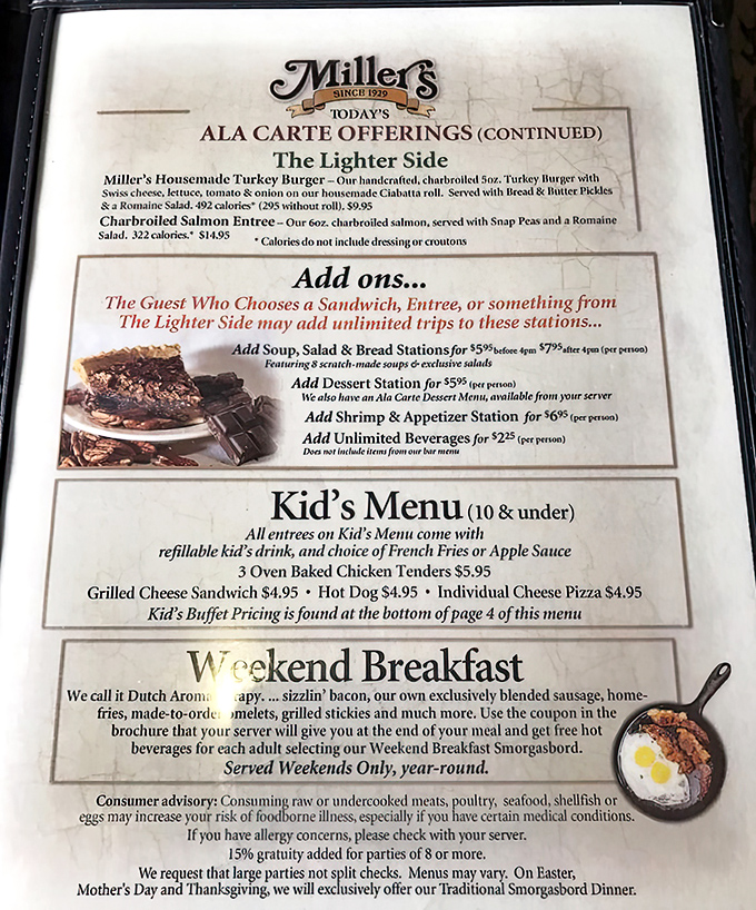 The menu reveals Miller's secret weapon: options. So many delicious options that choosing becomes your day's most delightful challenge.