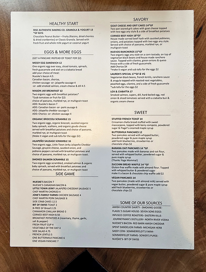This menu reads like a love letter to breakfast enthusiasts. The "Some of Our Sources" section reveals their commitment to Michigan's finest producers.
