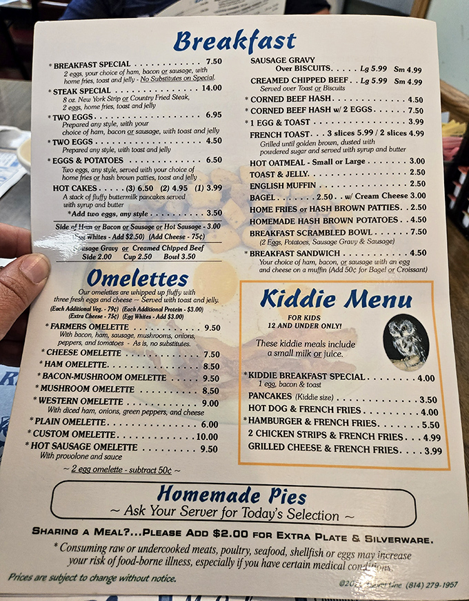 A menu that tells you everything you need to know about Ruthie's priorities: hearty portions, classic comfort foods, and homemade pies worth saving room for.