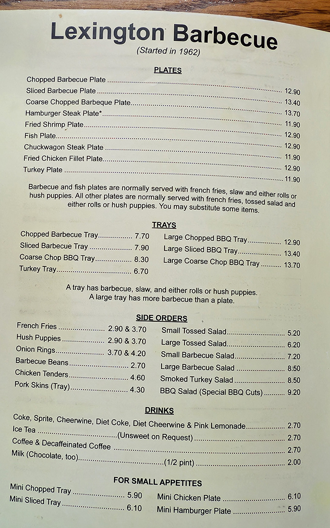 A menu that hasn't needed updating since bell-bottoms were in fashion. When you've perfected barbecue, why complicate things with trendy additions?