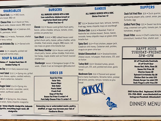 The menu reads like a love letter to comfort food—notice how your eyes immediately gravitate to "Duck Fat Fried Rice."