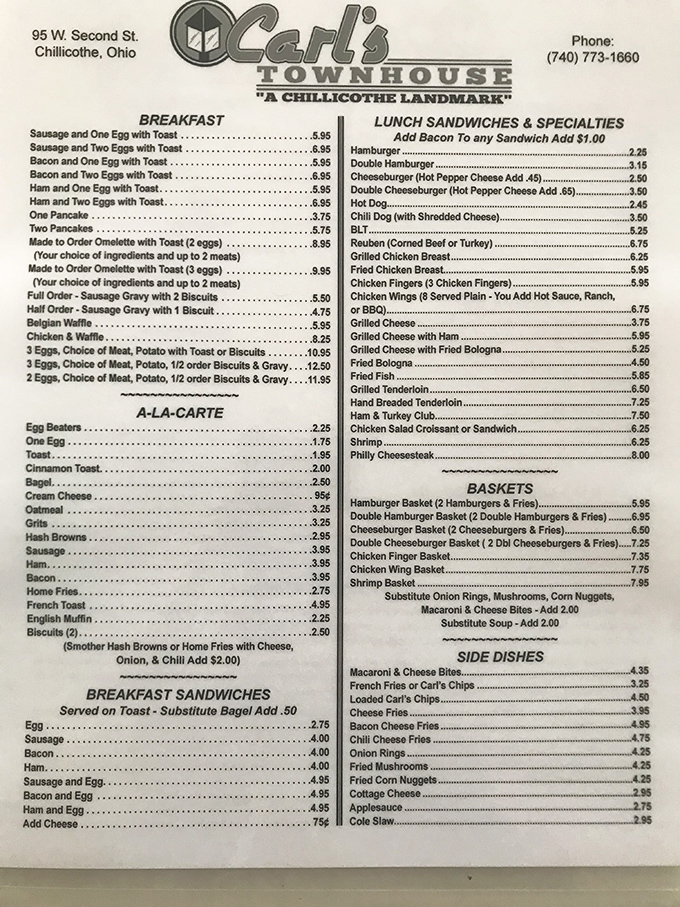 The menu at Carl's Townhouse reads like a love letter to American diner classics, from breakfast platters to legendary burgers.