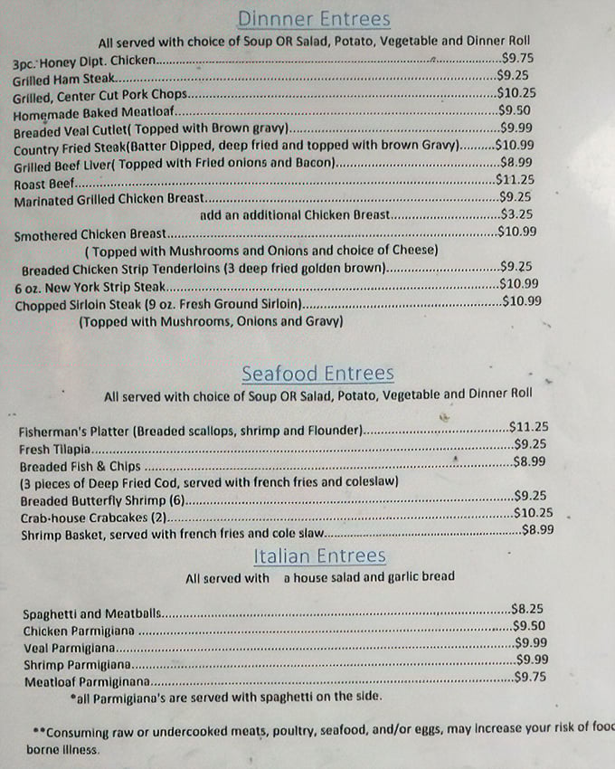 Mary's dinner menu reads like a love letter to comfort food classics, each dish promising the warm embrace of home cooking.