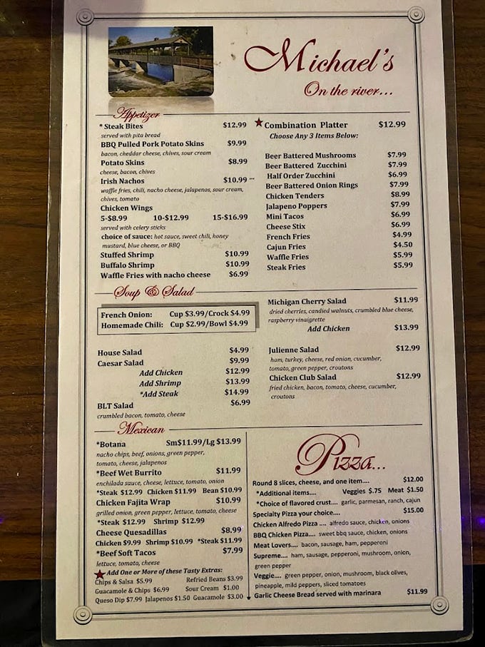 A menu that doesn't know the meaning of specialization. From Mexican to pizza to prime rib, it's like a delicious identity crisis we fully support.