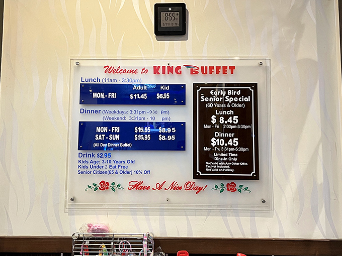 "Welcome to King Buffet" indeed! The pricing board lays out the rules of engagement for this all-you-can-eat battlefield. Early birds get the special worm!