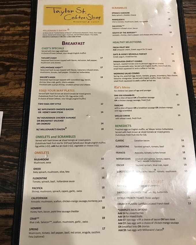 The menu reads like a love letter to breakfast classics, with "Millionaire's Bacon" stealing the spotlight as the headliner it deserves to be.