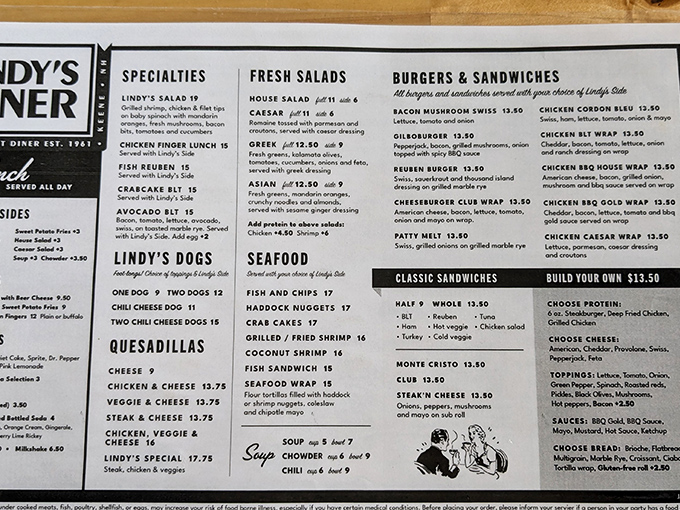 Decisions, decisions! Lindy's extensive menu offers everything from breakfast classics to seafood specialties, proving that diners remain America's most democratic dining institutions.