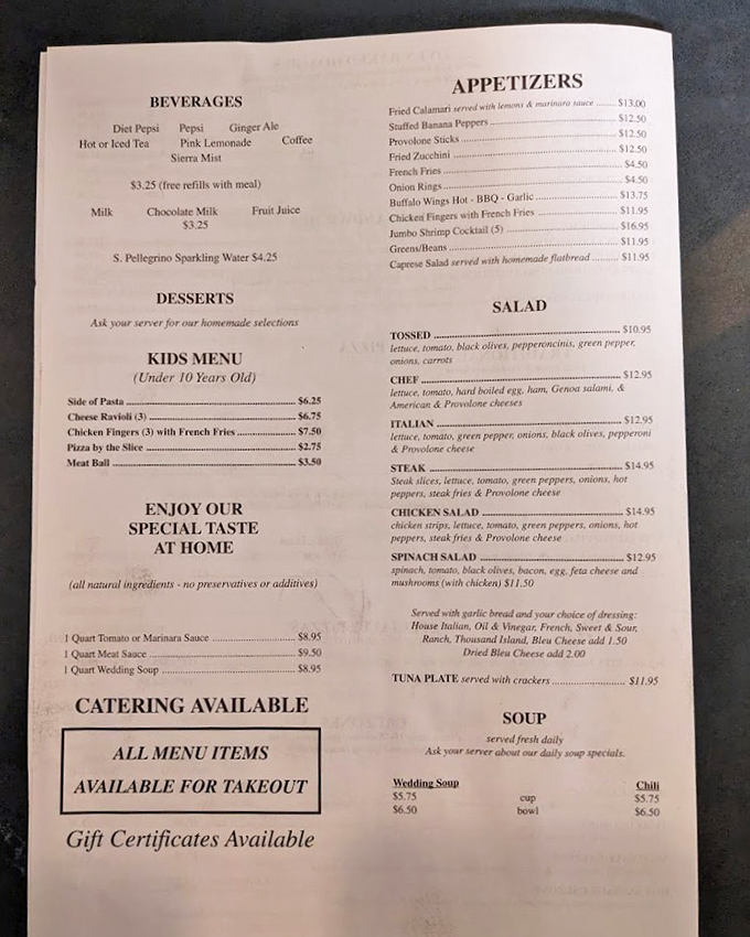 The menu reads like a love letter to Italian-American classics. Wedding soup, stuffed peppers, and provolone sticks&mdash;the holy trinity of Pittsburgh appetizers.