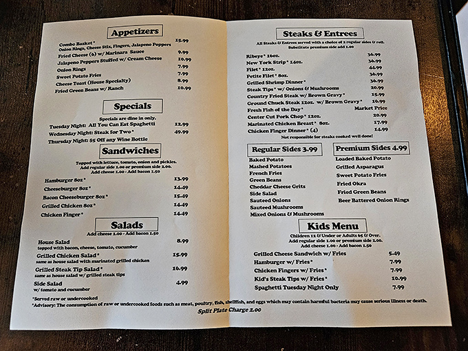 A menu that cuts right to the chase&mdash;steaks, comfort food, and weekly specials that give locals something to look forward to. 