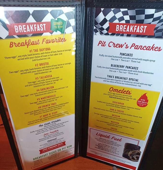 The menu reads like NASCAR meets comfort food heaven. When breakfast items are named after famous racetracks, you know you're in for a high-octane meal.