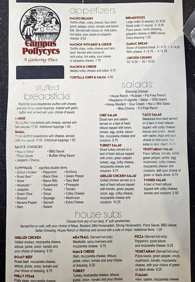 A menu that reads like poetry to the hungry. The "Stuffed Breadsticks" section deserves its own spotlight and possibly a Broadway musical.