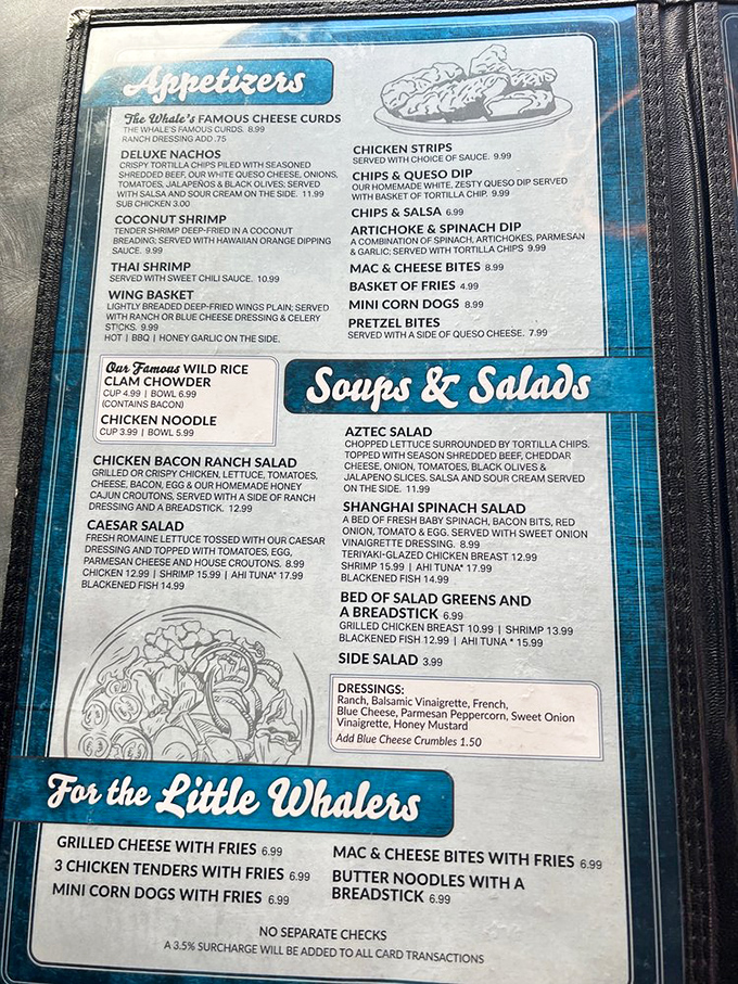 The menu reads like a love letter to Wisconsin lakes. Those famous cheese curds at the top? That's no accident.