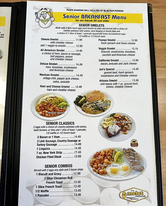 The senior menu offers generous portions at thoughtful prices, because great breakfast shouldn't require a second mortgage or complicated mathematical equations.