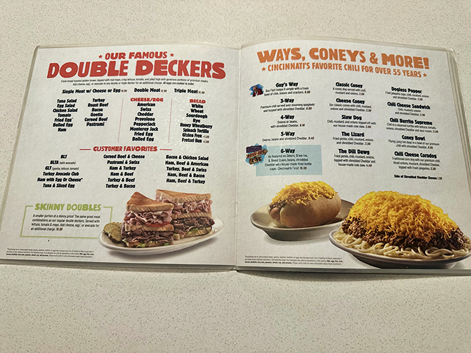 The menu reveals the holy grail of Cincinnati dining: the legendary "ways" system and those architectural marvels known as double-deckers.