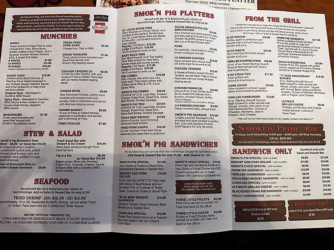 The sacred text of Smokin' Pig &ndash; a menu that reads like a love letter to meat. Choose your own adventure, but there are no wrong turns.