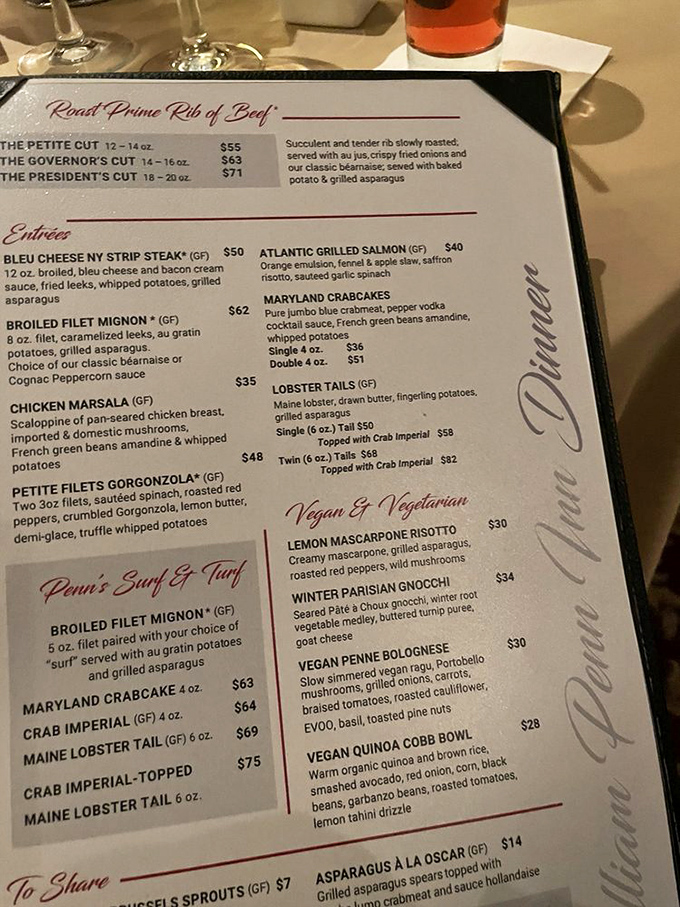 A menu that reads like a love letter to classic American cuisine, with prime rib taking center stage in three magnificent cuts&mdash;Petite, Governor's, and the presidential-sized President's Cut.