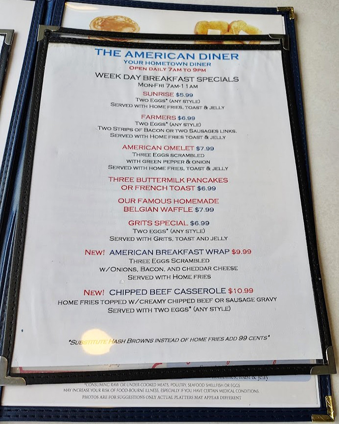 Breakfast dreams written in red and blue&mdash;this menu reads like a love letter to morning classics, each promising to start your day on a deliciously right note.