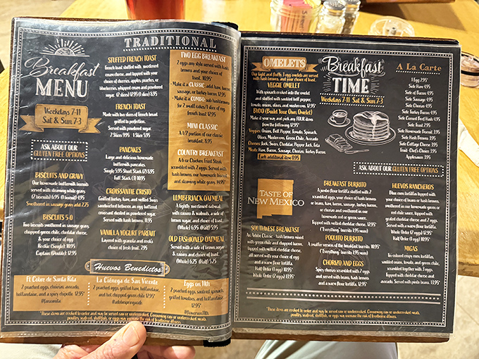 This menu isn't just a list of food—it's a roadmap to breakfast nirvana, complete with that all-important New Mexican question: red or green?