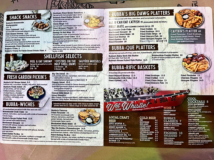 The menu at Bubba's isn't just a list&mdash;it's a treasure map where X marks the spot for that all-you-can-eat catfish. Choose your adventure wisely!