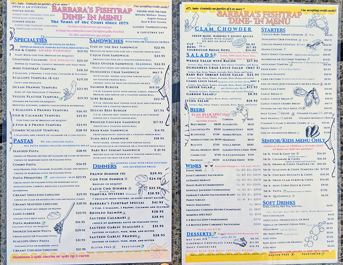 The menu reads like a love letter to the Pacific, offering everything from the legendary Dungeness crab sandwich to clam chowder that could make a New Englander weep.