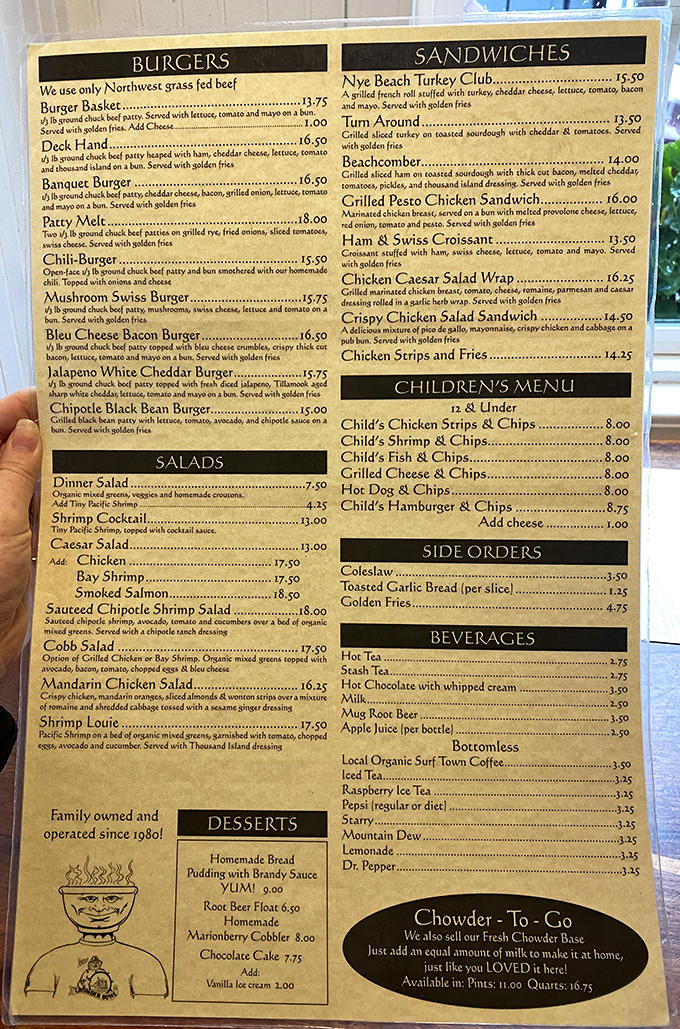 A menu that reads like coastal poetry. Notice how they don't waste precious space on kale smoothies or deconstructed anything? That's confidence.