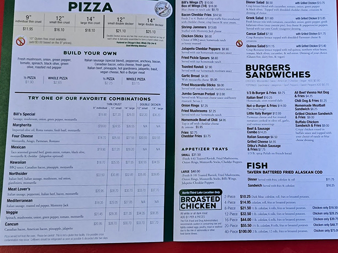 Bill's menu reads like a love letter to comfort food—pizza, fried everything, and enough options to require a strategic dining plan.