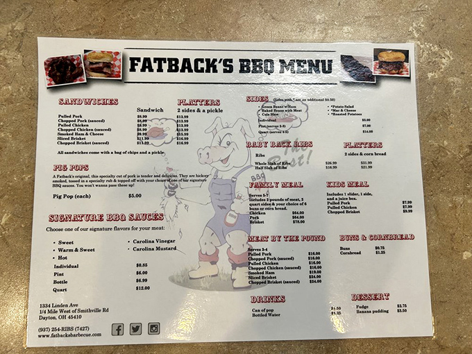 A menu that cuts right to the chase—meat, sides, and happiness. No fancy descriptions needed when the food speaks for itself.