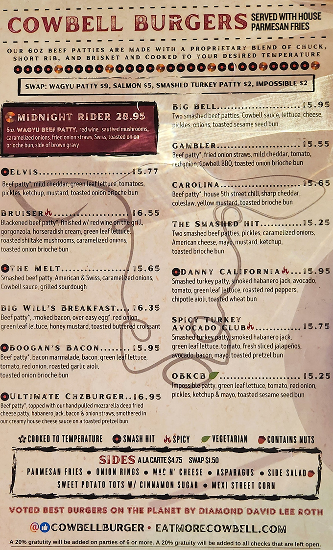 This menu isn't just a list&mdash;it's a roadmap to happiness. Each burger name promises its own adventure, from the Elvis to the Midnight Rider.