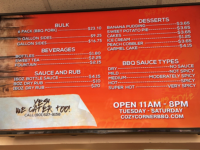 A menu board that reads like a love letter to Southern comfort, where sweet potato pie gets equal billing with smoky meats.