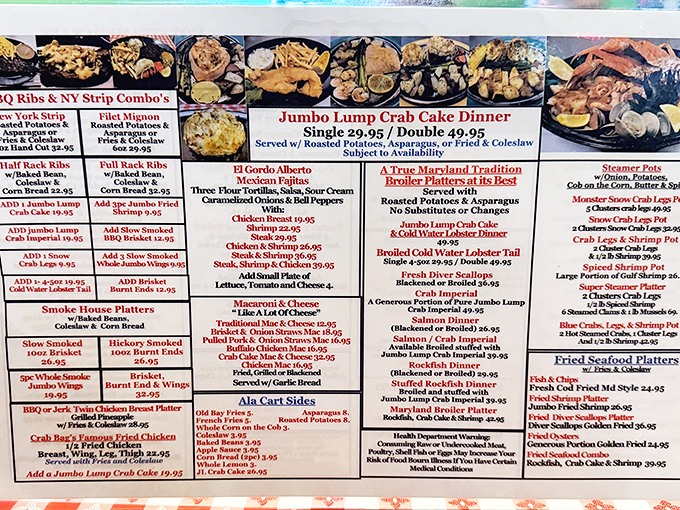 This menu isn't light reading&mdash;it's a maritime manifesto. The red highlights guide you to the treasures like X marks the spot on a pirate's map.