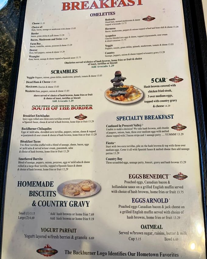 The breakfast menu reads like a love letter to morning hunger. "Confused by Prescott Valley" might be the most honest omelet name in America.