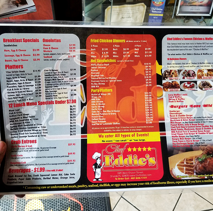 The menu at Chef Eddie's reads like a love letter to Southern cuisine&mdash;each section promising comfort that transcends mere hunger.