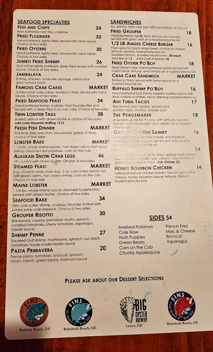 A menu that reads like poetry to seafood lovers. The "Famous Crab Cakes" aren't just marketing—they're a Delaware rite of passage.