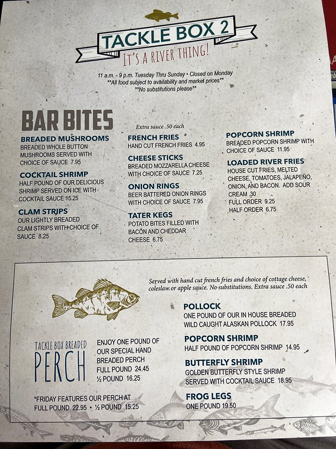 This menu isn't just a list—it's a treasure map. The "It's a River Thing!" motto perfectly captures the spirit of this Ohio seafood haven.