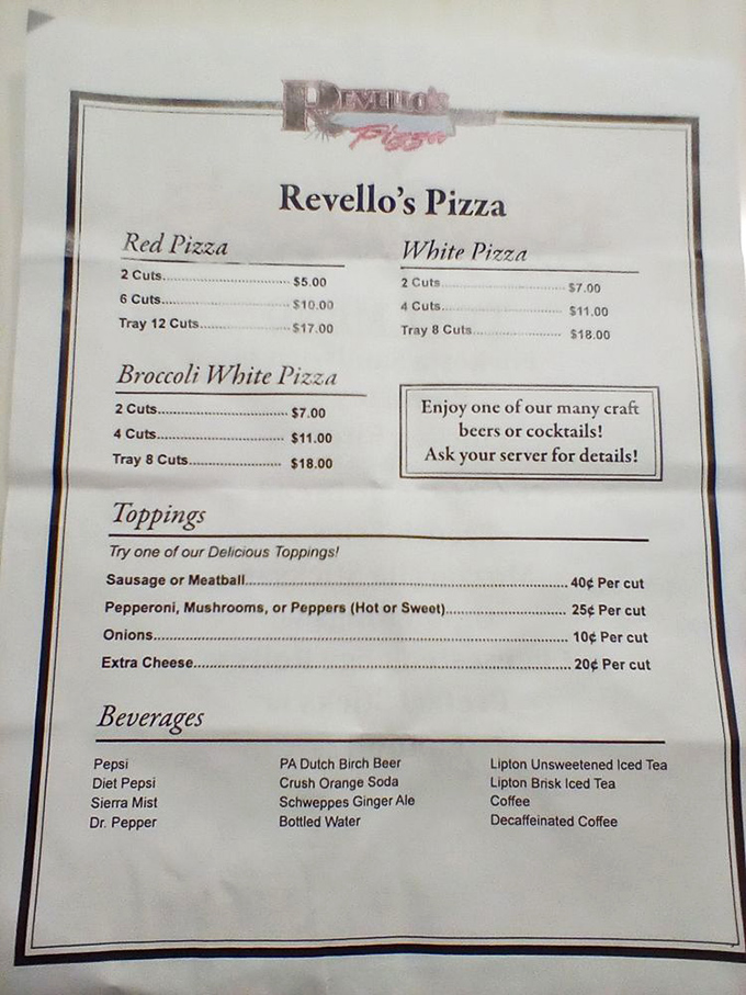 The menu reveals the secret code of Old Forge pizza&mdash;ordered in "cuts" not slices&mdash;a delicious dialect spoken fluently by locals and quickly learned by visitors.