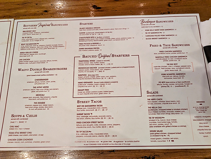 The menu reads like a love letter to American barbecue traditions &ndash; a paper passport to a cross-country meat pilgrimage without leaving your seat.