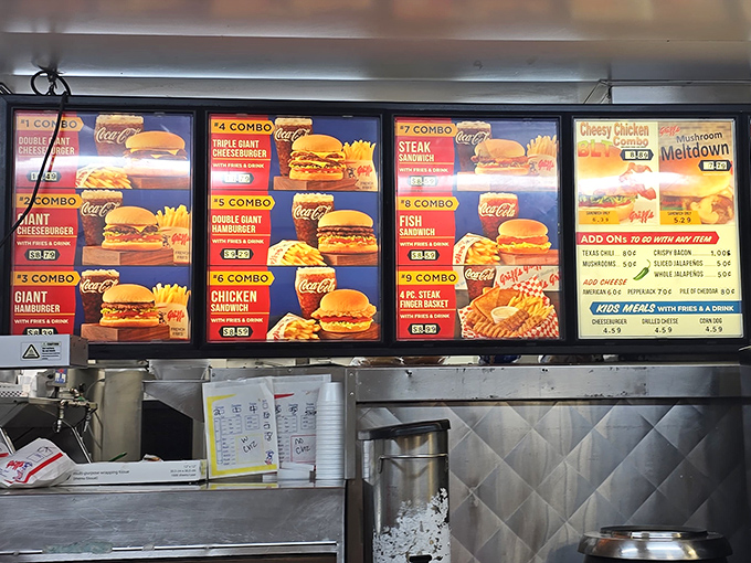 The illuminated menu board—a stained glass window for the church of comfort food. Decisions, decisions, all of them deliciously right.