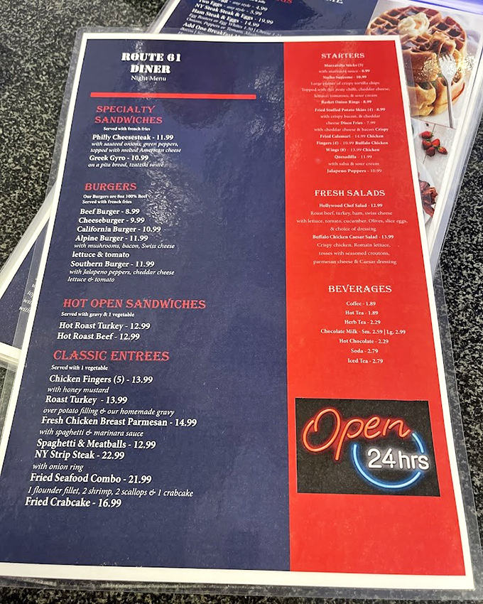 The menu reads like a greatest hits album of American comfort food classics, with that magical "Open 24hrs" promise.