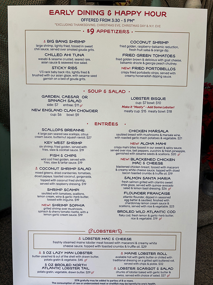 The early dining menu reads like a love letter to seafood enthusiasts—Big Bang Shrimp and Lobster Mac & Cheese are just the beginning of this maritime romance.