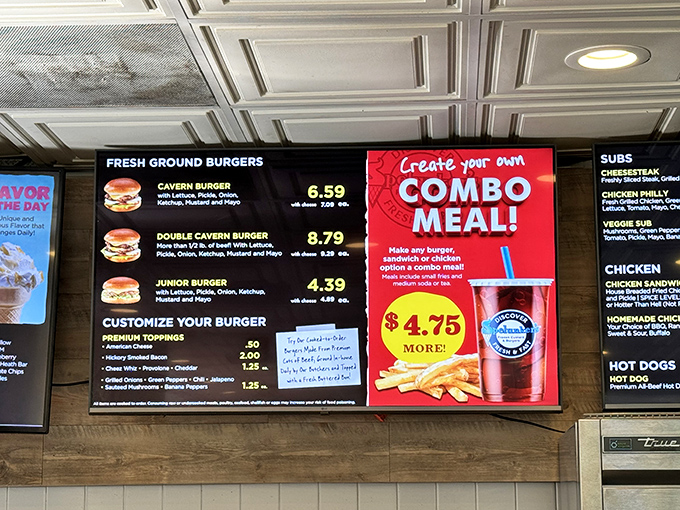 The menu board tells no lies: "Fresh Ground Burgers" isn't marketing speak&mdash;it's a solemn promise they keep with every juicy patty.